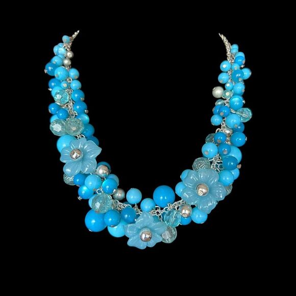 Jewelry | Teal And Silver Beaded And Flower Necklace | Poshmark